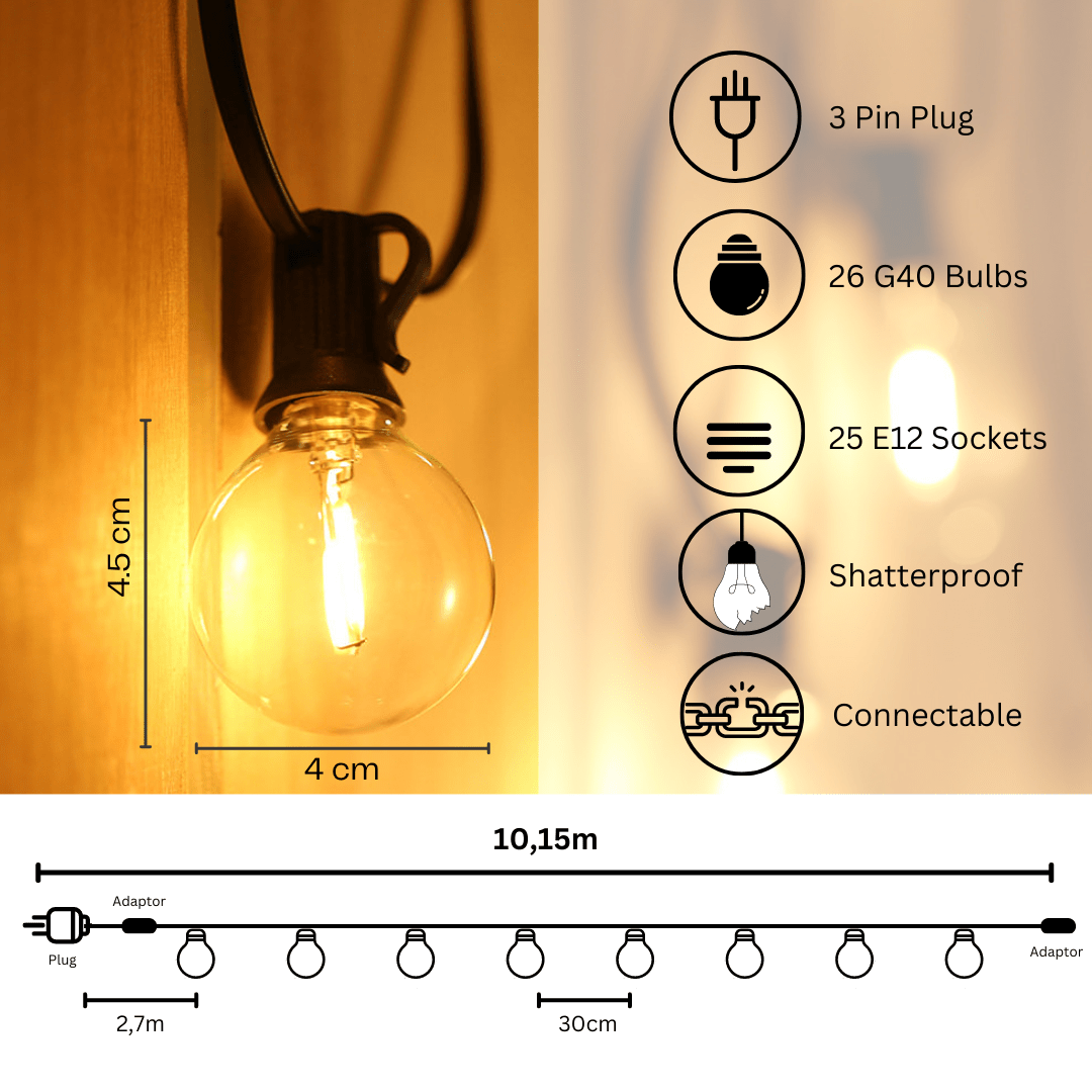 String Lights - 10m Warm White LED Bulbs | Patio Lighting