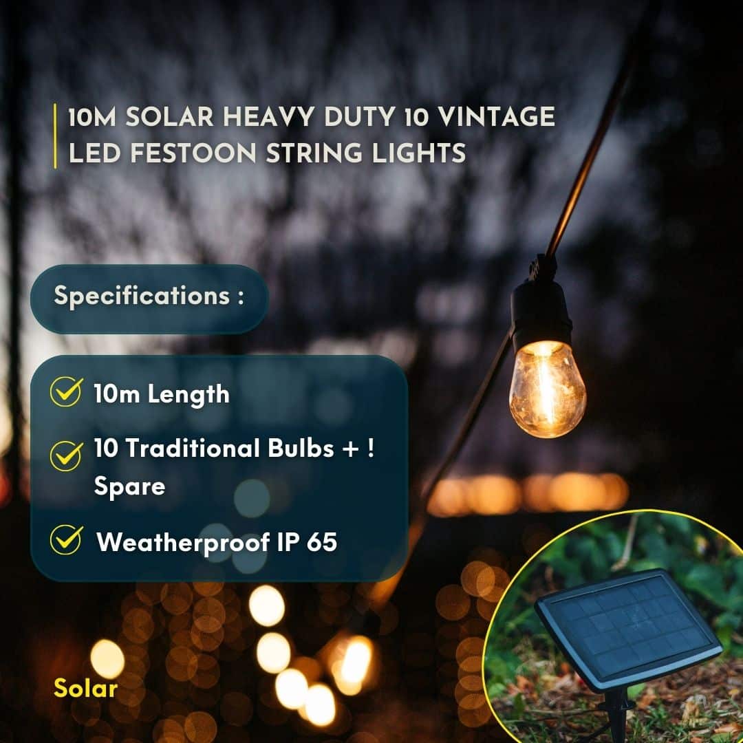 Solar 10m LED Heavy Duty Festoon String Lights | Stellar
