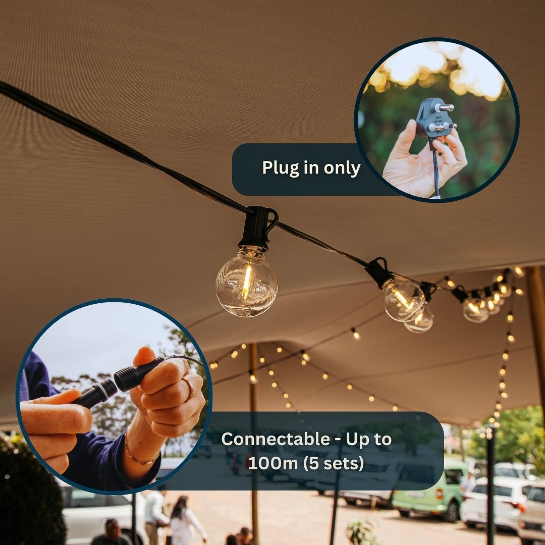 String Lights - 20m Warm White LED Bulbs | Patio Lighting
